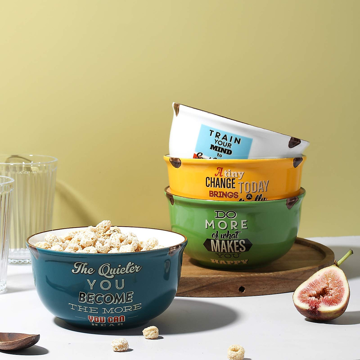 LIFVER Soup Bowls, 24 Ounce Porcelain Cereal Bowls, Retro Style Bowl Set for Desserts, Side Salad, Oatmeal Pasta Rice, Sturdy and Deep, No Stain, Steam Dishwasher & Microwave Safe, Set of 4