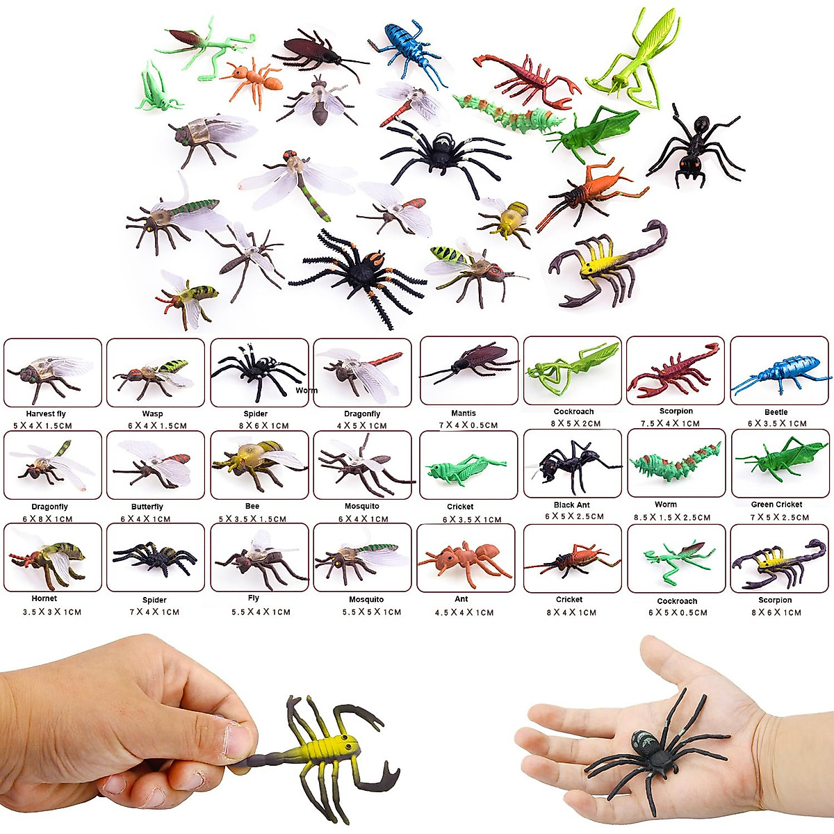 PINOWU Insect Bug Toy Figures for Kids Boys Girls (24pcs), 2-4” Fake Bugs - Spiders, Cockroaches, Scorpions, Crickets, Lady Bugs, Mantis and Worms for Education and Christmas Party Favors