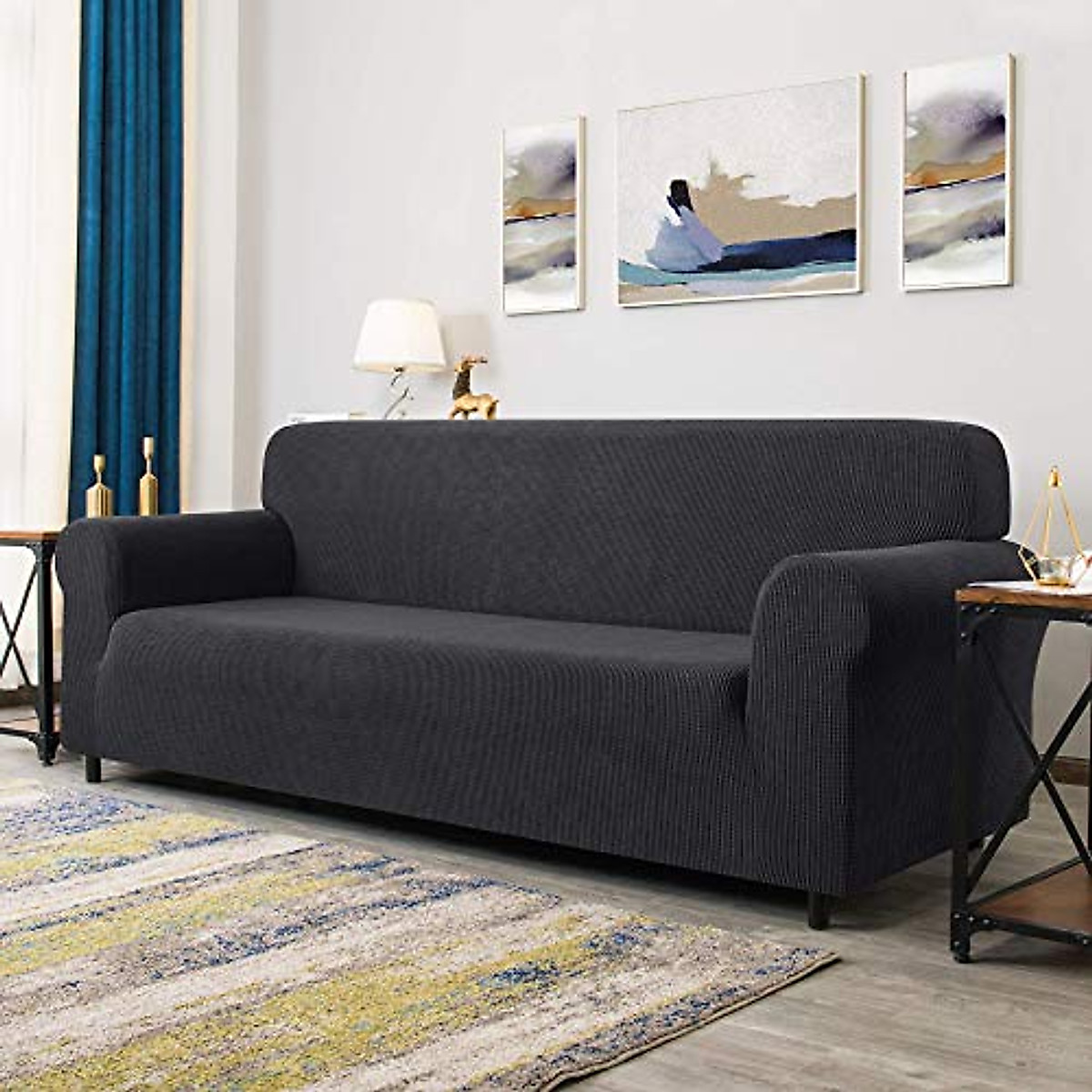 CHUN YI Stretch Loveseat Sofa Slipcover 1 Piece Couch Cover, 2 Seater Settee Coat Soft with Elastic Bottom, Checks Spandex Jacquard Fabric, Medium, Grey/Gray