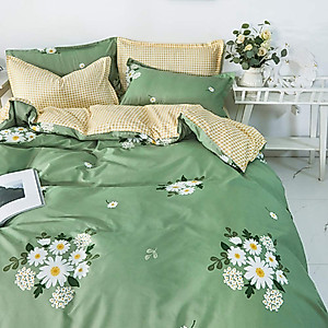 JORMEY Duvet Cover Full Chrysanthemum, All Season 3 Pieces Soft and Lightweight Quilt Cover Green Bedding Set, 1 Duvet Cover and 2 Pillow Shams, Zipper Closure (80” x 90”)