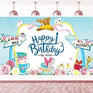 HOWAF Tea Party Birthday Party Banner, Large Fabric Alice Background Banner for Partea Birthday Party Decorations, Tea Kettle, Cupcakes, Butterfly Arts and Crafts for Outdoor Garden
