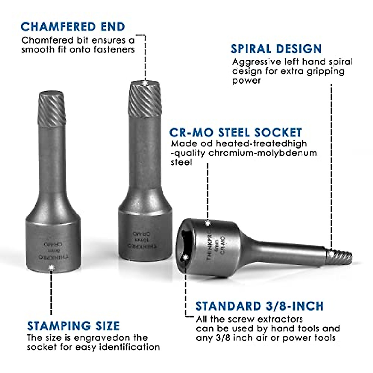 THINKPRO 6PCS Screw Extractor Set, Extended Version 3/8" Inch Drive Stripped Screw Remover, 2-in-1 Functional Easy Out Bolt Extractor Set, for Removing Broken Studs, Bolts, Screws