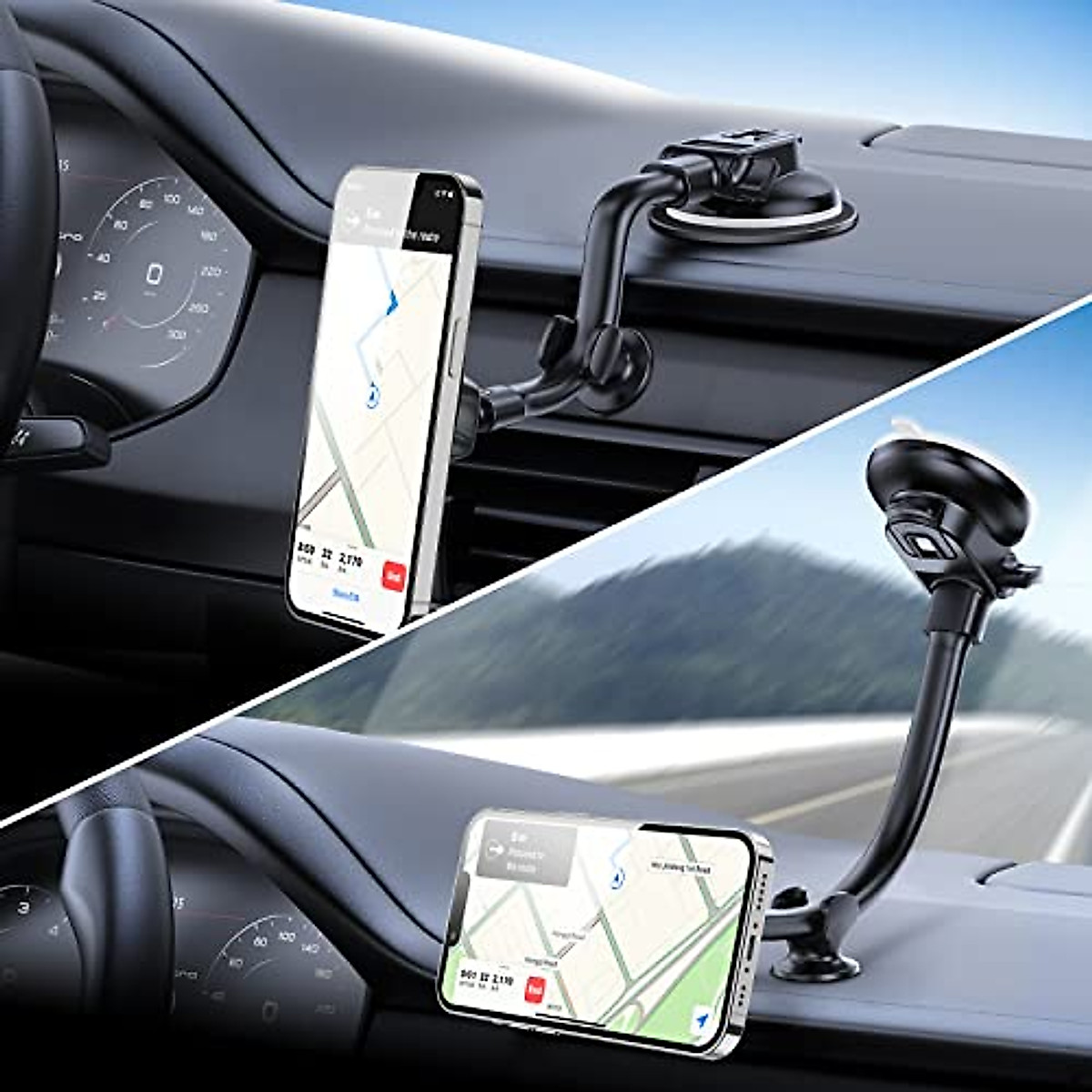 7" Magnetic Car Phone Holder, Windshield Dashboard Phone Holder Car, Gooseneck Suction Phone Car Mount with Multiple N52 Magnets, Designed for iPhone 13 Series, Compatible with Most Smartphones.