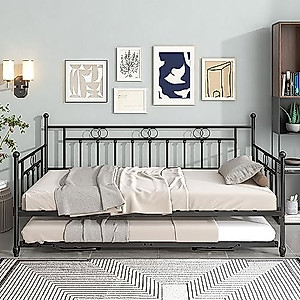 FULLJOJOR Twin Day Bed with Trundle Bed Twin, Metal Daybed with Trundle, Daybed with Pop Up Trundle Bed Frame, Steel Slat Support Sofa Bed for Kids Teens Adults, No Box Spring Needed