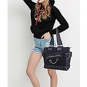 RainboSee Women Punk Rivet Handbag Purse Canvas Tote Shoulder Crossbody Bag Large Capacity Satchel Black