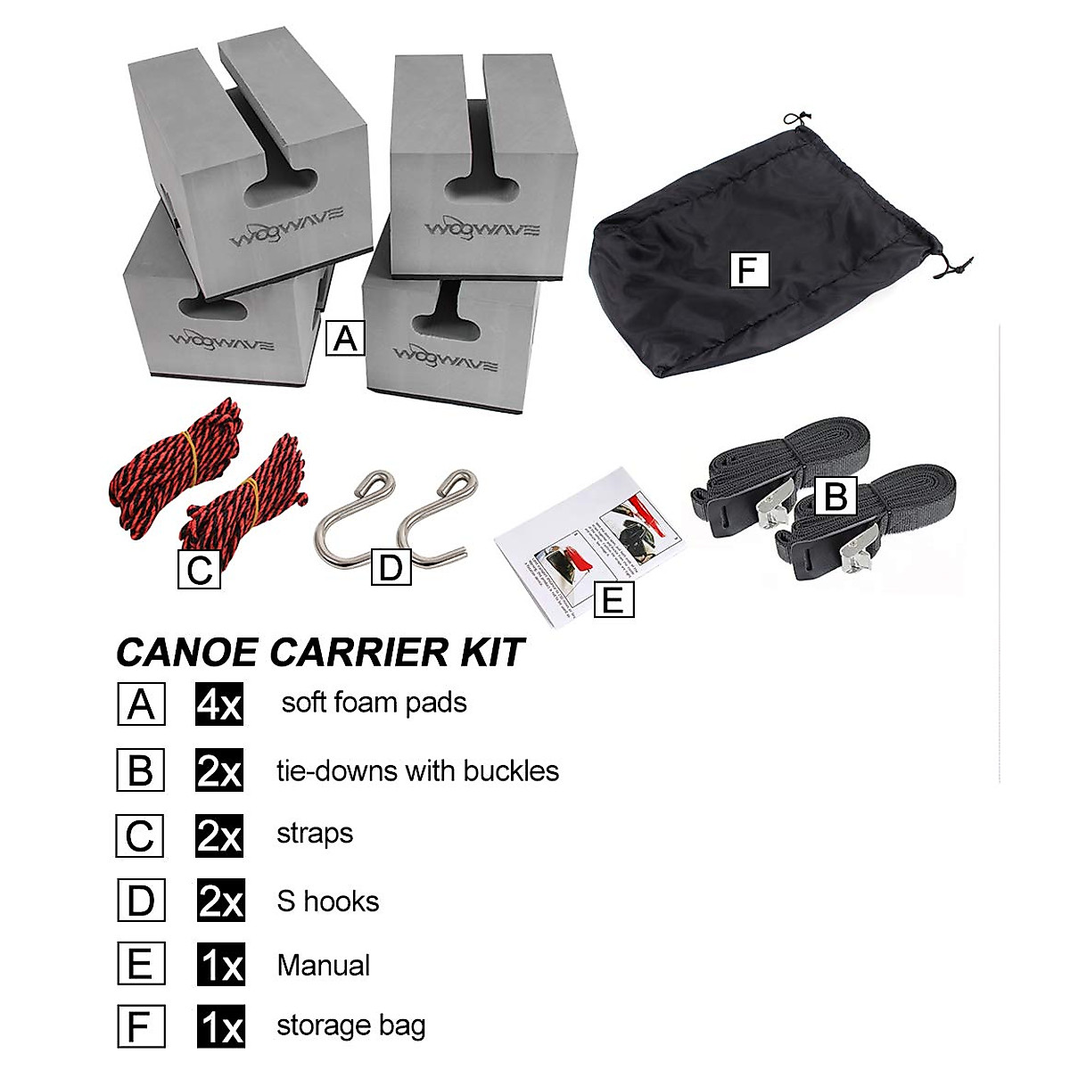 WOOWAVE Canoe Carrier Deluxe Carrier Kit Universal Soft Standard Foam Block for Roof Racks Car-Top Replacement with Tie-Downs, 6 inches