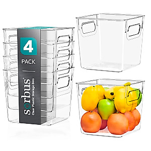 Sorbus Square Refrigerator Organizer Bins - Clear Plastic Pantry, Cabinet & Fridge Organizer for Kitchen Organization and Storage - Versatile Lightweight Bath, Makeup, Food & Snack Organizer (4 Pack)