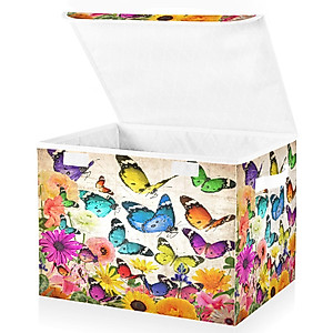 DIGTIA Vintage Flowers Butterflies Storage Bins with Lids Large Retro Spring Summer Storage Basket with Handles Foldable Fabric Storage Box Organizer for Clothes Toys Closet Cabinet Home Office Bedroo