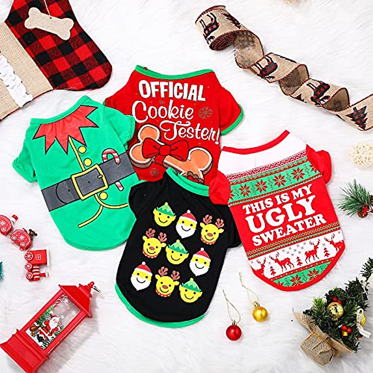 4 Pieces Christmas Dog Shirt Christmas Pet Shirt Soft Breathable Puppy Shirts Printed Pet T-Shirt Pet Clothing Christmas Cosplay Xmas Pet Apparel for Small Dogs and Cats (XS)
