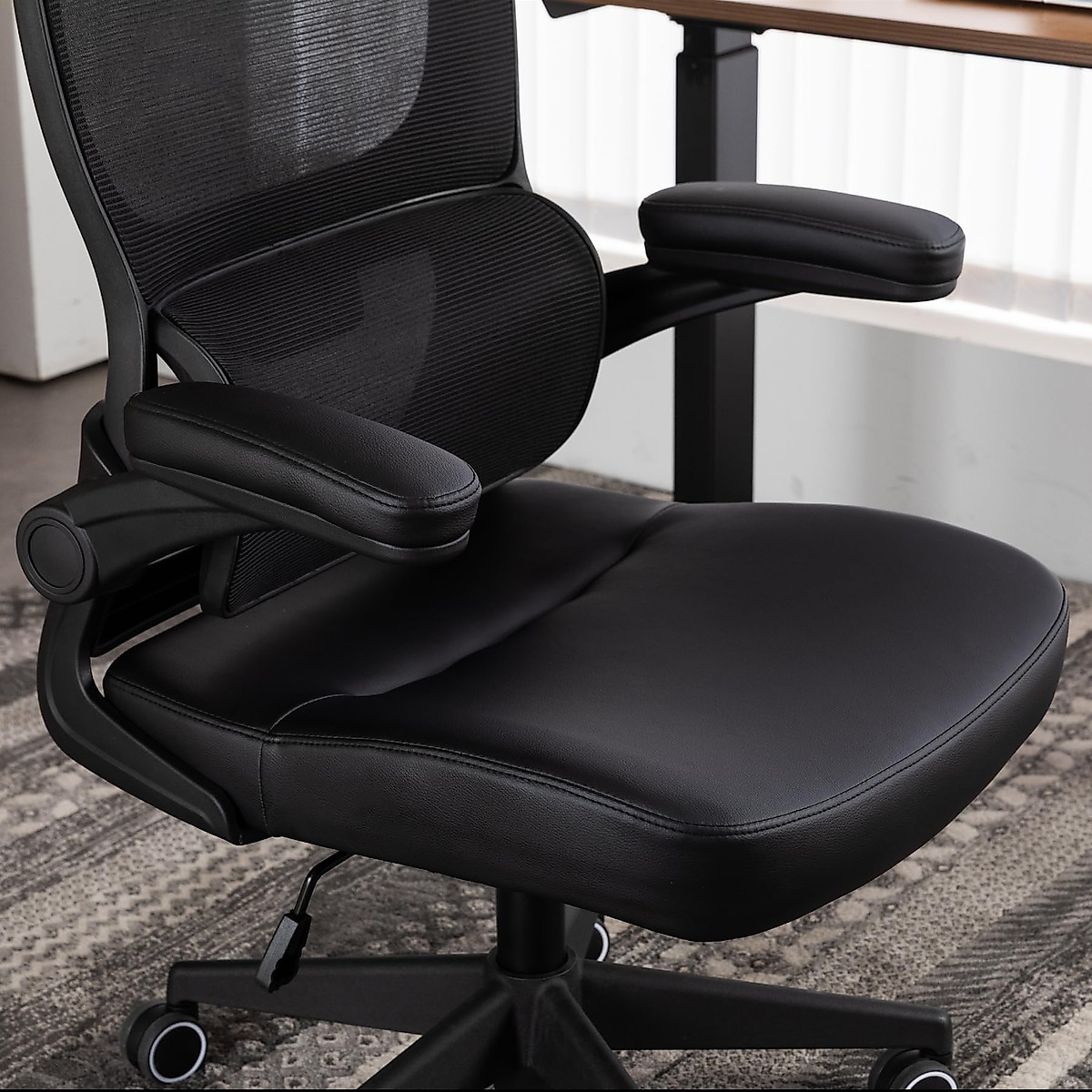 Ergonomic Mesh Office Chair High Back Desk Chair for Big and Tall People Adjustable Headrest with 2D Armrest Lumbar Support and PU Wheels Swivel Tilt Function Black (Black with Nylon Base)