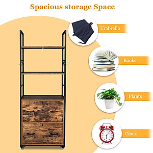 VINGLI 2 Drawer Veritical File Cabinet with Open Shelves and Wheels, Wooden Filing Cabinet with Lock, Industrial Bookshelf, File Cabinet for Home Office, Letter/Legal Size, Rustic Brown