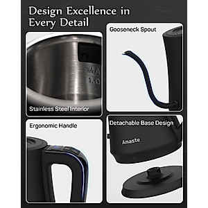 Amaste Gooseneck Electric Kettle, Electric Tea Kettle With Temperature Control, 34oz Pour Over Electric Kettle for Coffee & Tea, 304 Stainless Steel Inner, Auto Shut-Off & Keep Warm, Matte Black