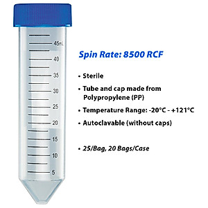 Globe Scientific 6289 Polypropylene Centrifuge Tube with Attached Blue Flat Top Screw Cap, Sterile, Printed Graduation, Rack Pack, 50mL Capacity (Case of 500)