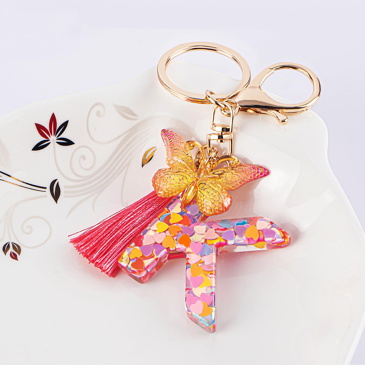Suweibuke Colourful Cute Initial Letter Keychains for Women Girls with Tassel Butterfly, Charm for Purse Backpacks Handbags Schoolbags (Colorful Pink-K)