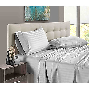 British-Linen Sheet Sets 5 Piece Cotton Sheets 18" Deep Pocket & 400TC Sheets Extra Soft and 100% Egyptian Cotton Long Staple Bed Sheets with Duvet Cover - Light Grey Stripe,Full Size.