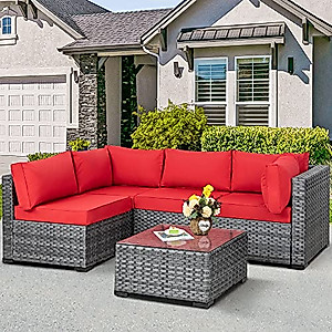 JAMFLY 5 Pieces Patio Furniture Sets, Wicker Outdoor Sectional Furniture with Glass Table and Cushions, Rattan Patio Conversation Sets for Garden, Poolside, Backyard (Red)