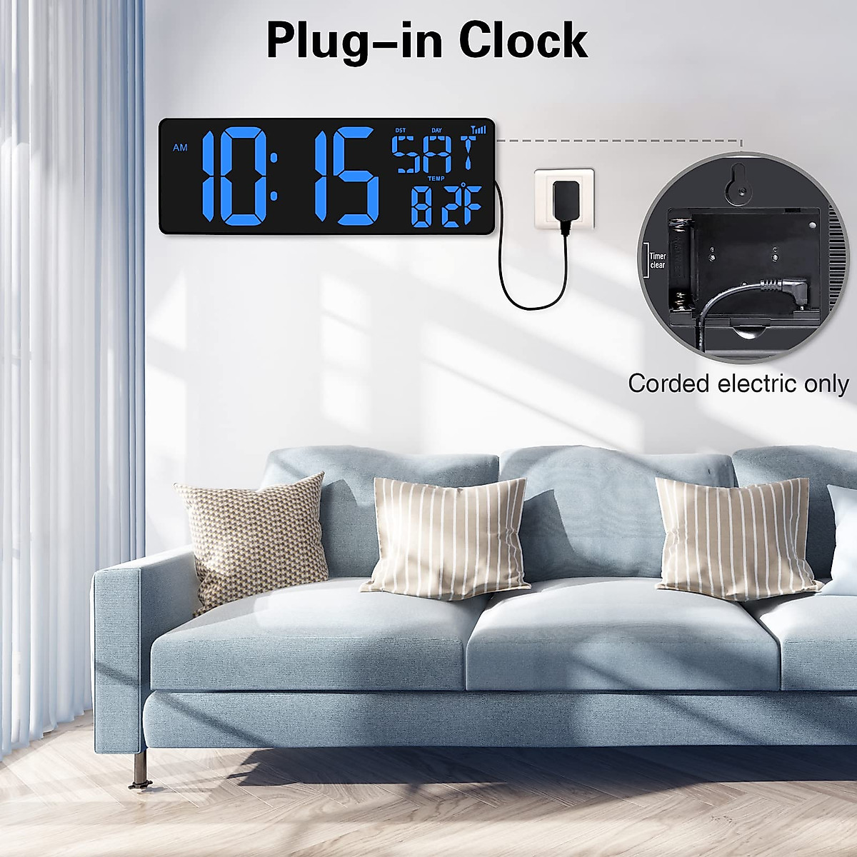 XREXS Large Digital Wall Clock WiFi Sync, 16.5 in Large Display Wall Clock with Temperature/Date/Week, LED Big Digital Timer Clock with Remote Control, Alarm Clock for Home and Office, Auto-dimming