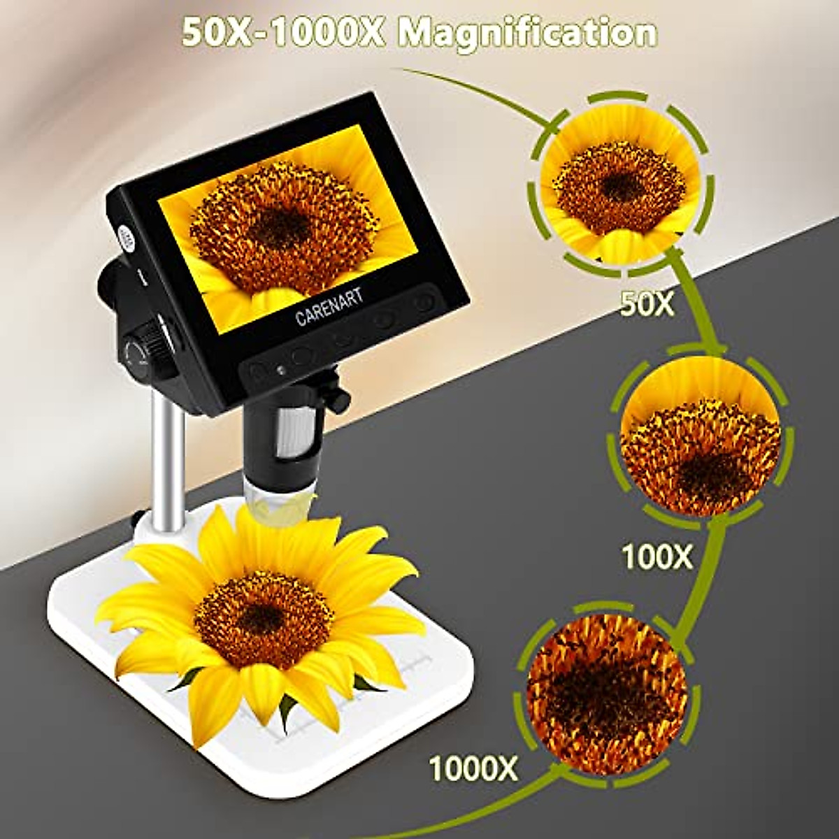 4.3 Inch Digital Microscope, Carenart Coin Microscope with 32GB TF Card 50X-1000X Magnification with 8 Adjustable LED Lights for Adults Kids Outside and Home Use