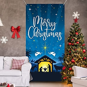 DAZONGE Nativity Scene Outdoor Christmas Decorations, Merry Christmas Door Cover, Holy Night Christmas Decor - Religious Manger Scene Christmas Banner / Backdrop for Front Door Photo Booth Props