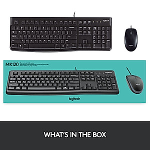 Logitech MK120 Wired Keyboard and Mouse Combo for Windows, Optical Wired Mouse, Full-Size Keyboard, USB Plug-and-Play, Compatible with PC, Laptop - Black