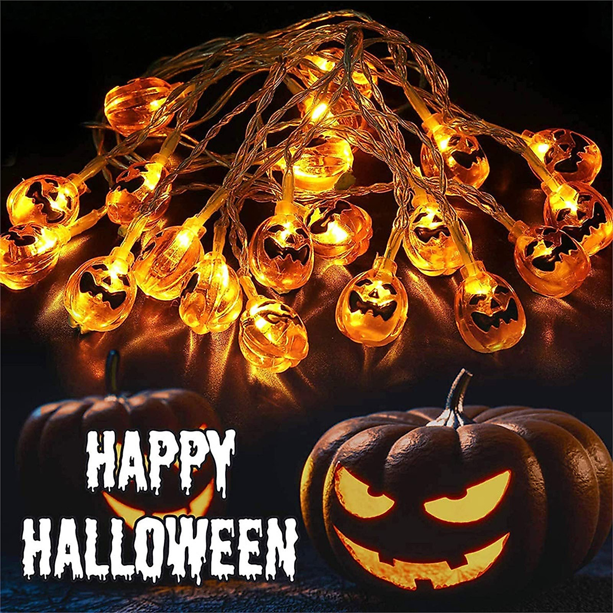 2 Pack Halloween Decoration Pumpkin String Lights, 9.8ft Total 40 LED Battery Operated 3D Halloween Light, Outdoor Decorative Lights for Patio, Garden, Gate, Yard, Halloween Christmas Decoration