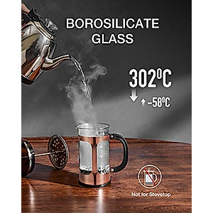 BAYKA French Press Coffee Tea Maker, 304 Stainless Steel Coffee Press, Heat Resistant Thickened Borosilicate Glass, 21 Ounce, Copper