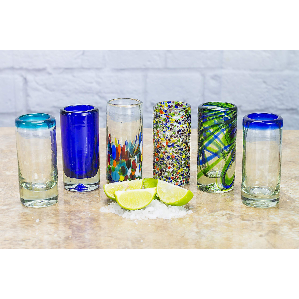 MEXART Artisan Crafted Hand Blown 6 Different Design Collection Recycled Glass Shots Glasses, 2 oz. 'Classic' (set of 6)