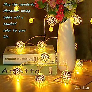 Anlaibao Moroccan String Lights, 17ft 30 LED Big Metal Globe Lights with Remote Timer,Indoor Outdoor Battery Operated & USB Powered,Gold Ball Warm White Fairy Light for Bedroom Garden Party Decoration
