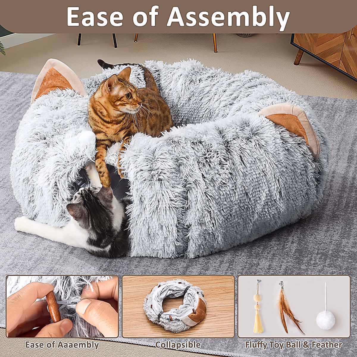 NEZIN Cat Tunnel with Cat Bed for Indoor Cats, Under Christmas Tree Plush Peekaboo Cat Cave, Multifunctional Cat Donut Tunnel Playground Toys for Cats Kitten Rabbit Ferret, Grey