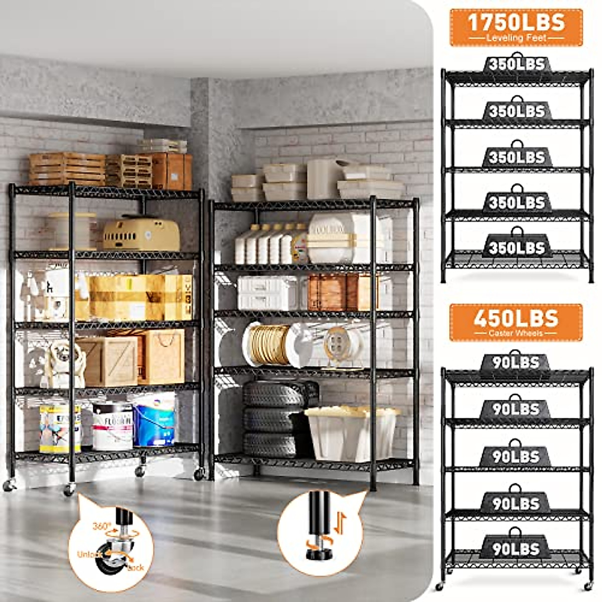 REIBII Wire Shelving Rack Garage Shelving with Wheel 5 Tier Metal Shelving Unit 1750LBS Adjustable Wire Shelf for Garage Storage Shelves Rolling Heavy Duty Shelving Metal Shelves for Storage Pantry