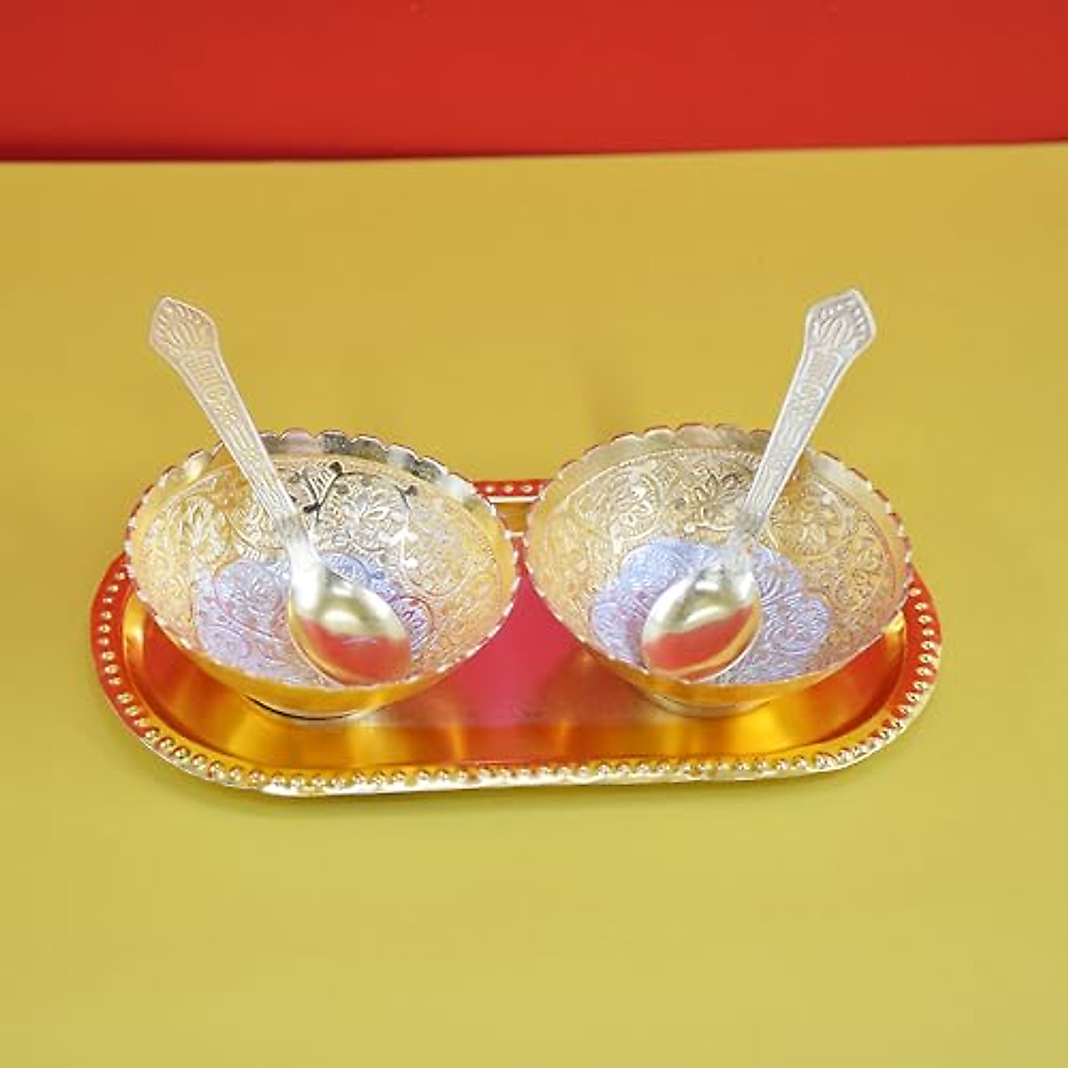 Puja N Pujari Gold Plated Bowls Tray and Spoon Set for Dry Fruits and Sweets for Return Gifts (Model 2)