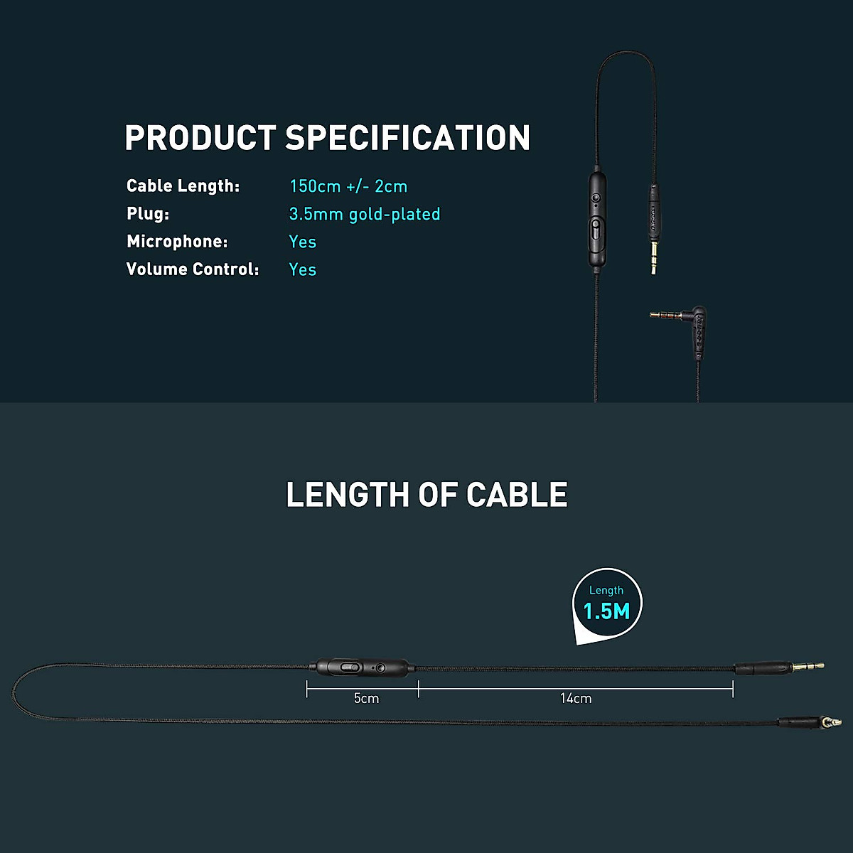 Aux Cord 3.5mm 1.5m/4.9ft with Mic and Volume Control Audio Cable to Connect Gaming Headphones with Xbox/PlayStation, Male to Male Replacement Cord for Music and Voice Streaming for Mobile Phones