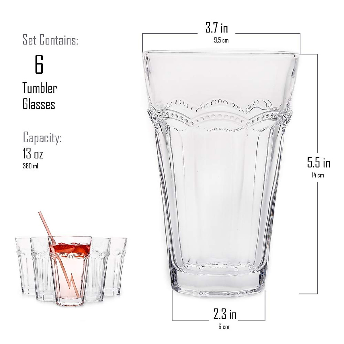 G Pearl Ridge Large Highball Drinking Glasses Set Of 6,13 oz Durable Stackable Iced Beverage For Soda, Juice, Milk, Coke, Beer Spirits Old Fashioned Glasses - Dinner Bar,Water Tumblers For Daily Use