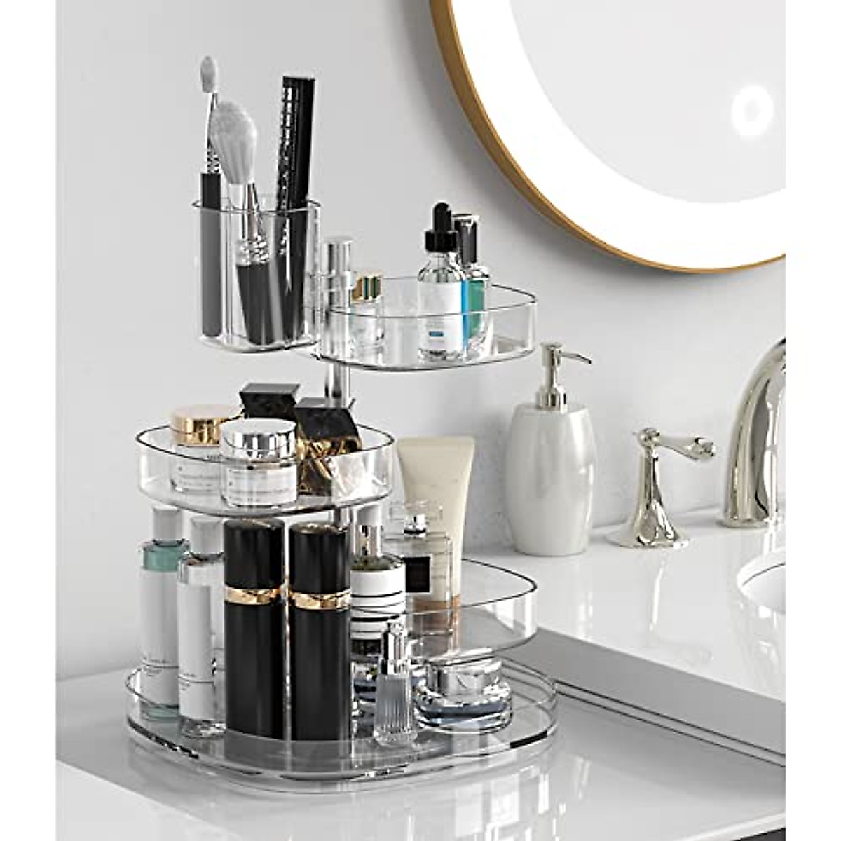 Makeup Organizer Storage Rack Adjustable Trays Large Capacity Cosmetics Holder for Countertop Vanity Bathroom Bedroom Clear Acrylic Degree Rotating Makeup Organizers Tray Drawers and Storage for