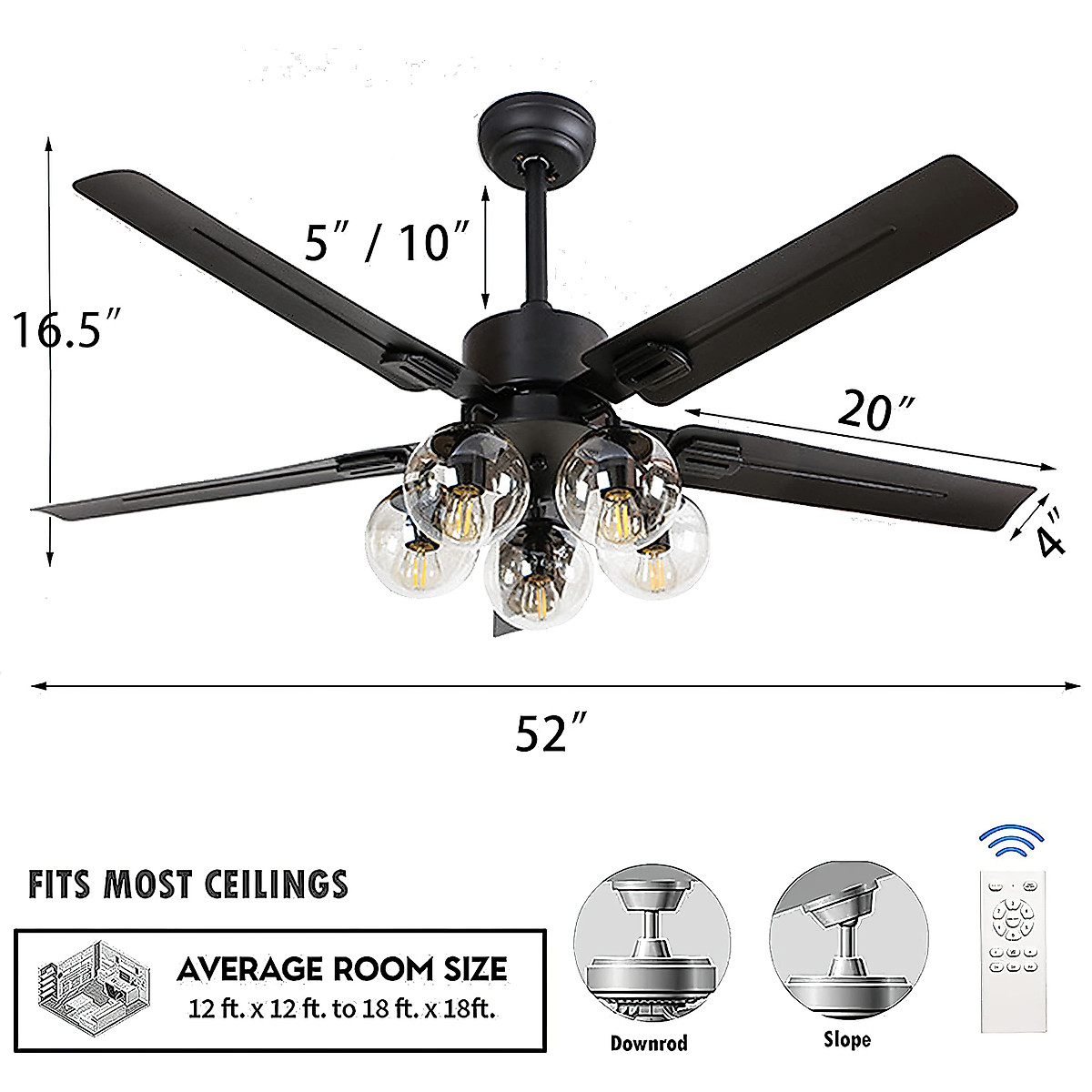 Black Ceiling Fan with Light and Remote 6 Speed Mute Metal Reversible Blades 5 Light 52" for Indoor Industrial Rustic Farmhouse Bedroom Living Room Dining Room