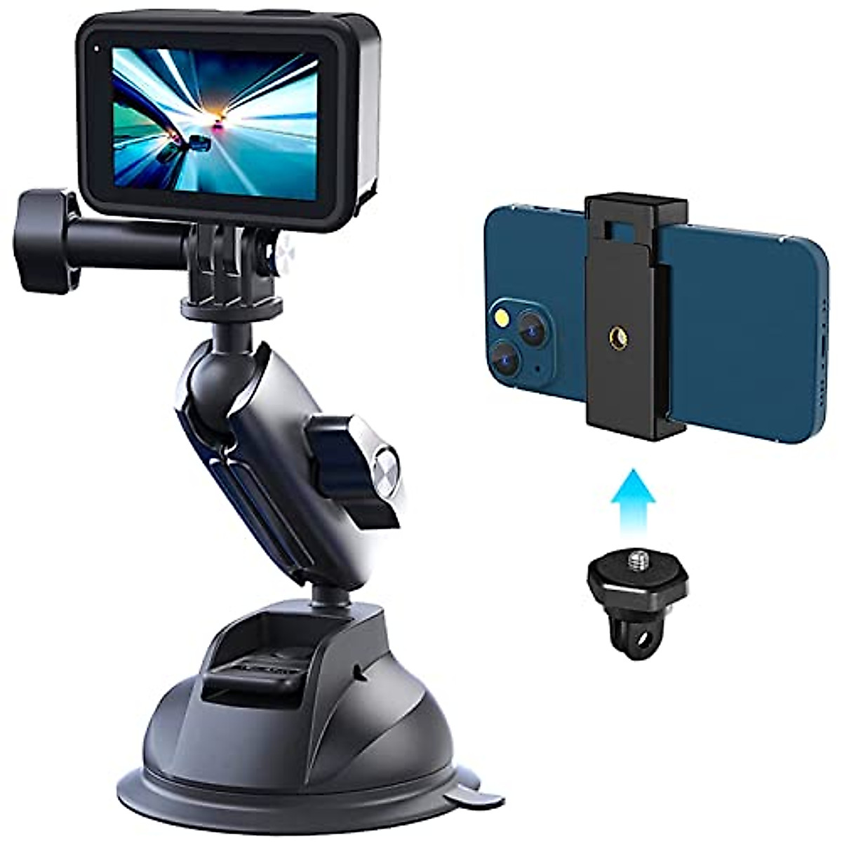 REYGEAK Suction Cup Car Mount with Phone Holder with 1/4 Thread, Windshield Dashboard Vehicle Attach for GoPro Max Mini Hero 11 10 9 8 7 6 Insta360 DJI Action AKASO Accessories(Aluminum Alloy)