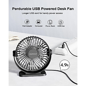 TriPole Small Desk Fan USB Powered Portable Fan 3 Speeds Strong Airflow Mini Fan 360°Rotation Personal Fan 5.1 Inch Table Fan for Home Office Bedroom Desktop, Black, 4.9ft Cable