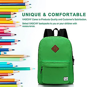 VASCHY Lightweight Backpack for School, Classic Basic Water Resistant Casual Daypack for Travel with Bottle Side Pockets (Green)