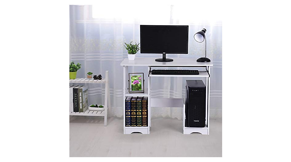 White Desktop Computer Desk with Storage Shelf & Keyboard Tray