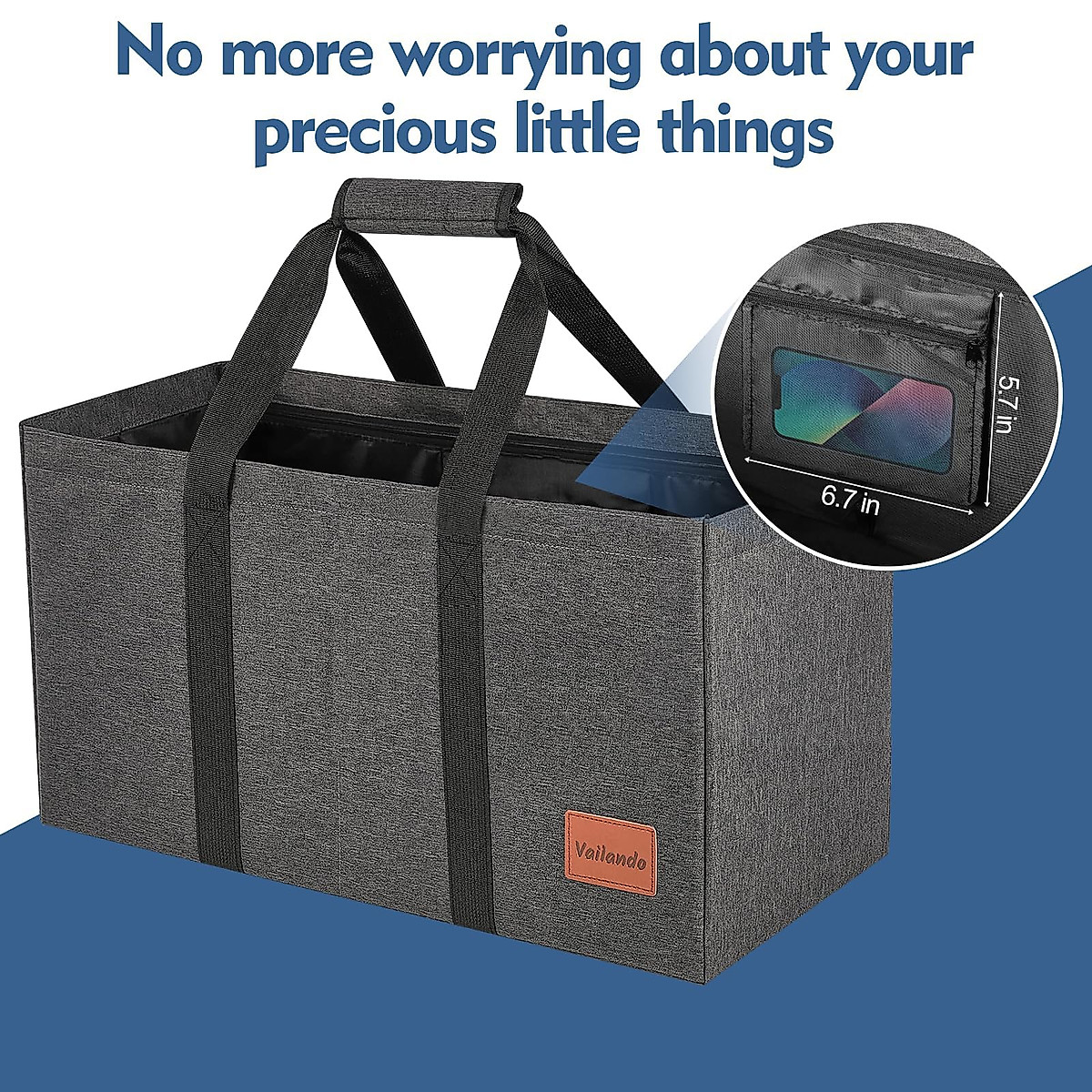 Vailando Large Utility Tote Bag, Sturdy Tote Bag With Zipper, Pockets, Handles, 600D Oxford Wear-Resistant Utility Tote Bag for Beach, Grocery, Shopping, Picnic, Laundry - Grey