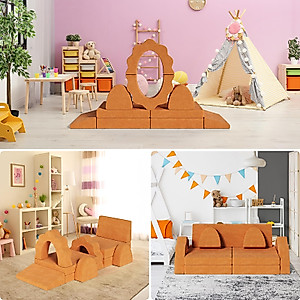 MAMIZO 10pcs Modular Kids Play Couch, Child Sectional Sofa, Nugget Couch Large Size, Toddlers Floor Sofa W/Suede Cover, Convertible Foam Cushion Couch for Playroom Creative Boy Girl (Orange)