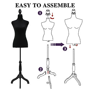 Mannequin Female Mannequin Torso Dress Form 50"-63" for Display Women Mannequin Body Height Adjustable for Sewing Wooden Tripod Base,Foam Body(Black)