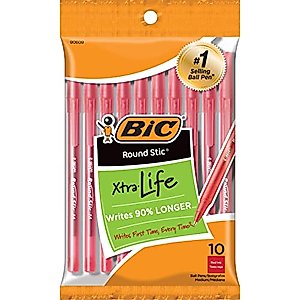 BIC Round Stic Xtra Life Ballpoint Pen, Medium Point (1.0mm), Red, 10-Count