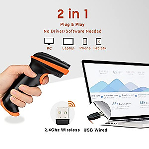 Tera Barcode Scanner Wireless and Wired with Battery Level Indicator 1D 2D QR Digital Printed Bar Code Reader Cordless Handheld Barcode Scanner Compact Plug and Play Model D5100
