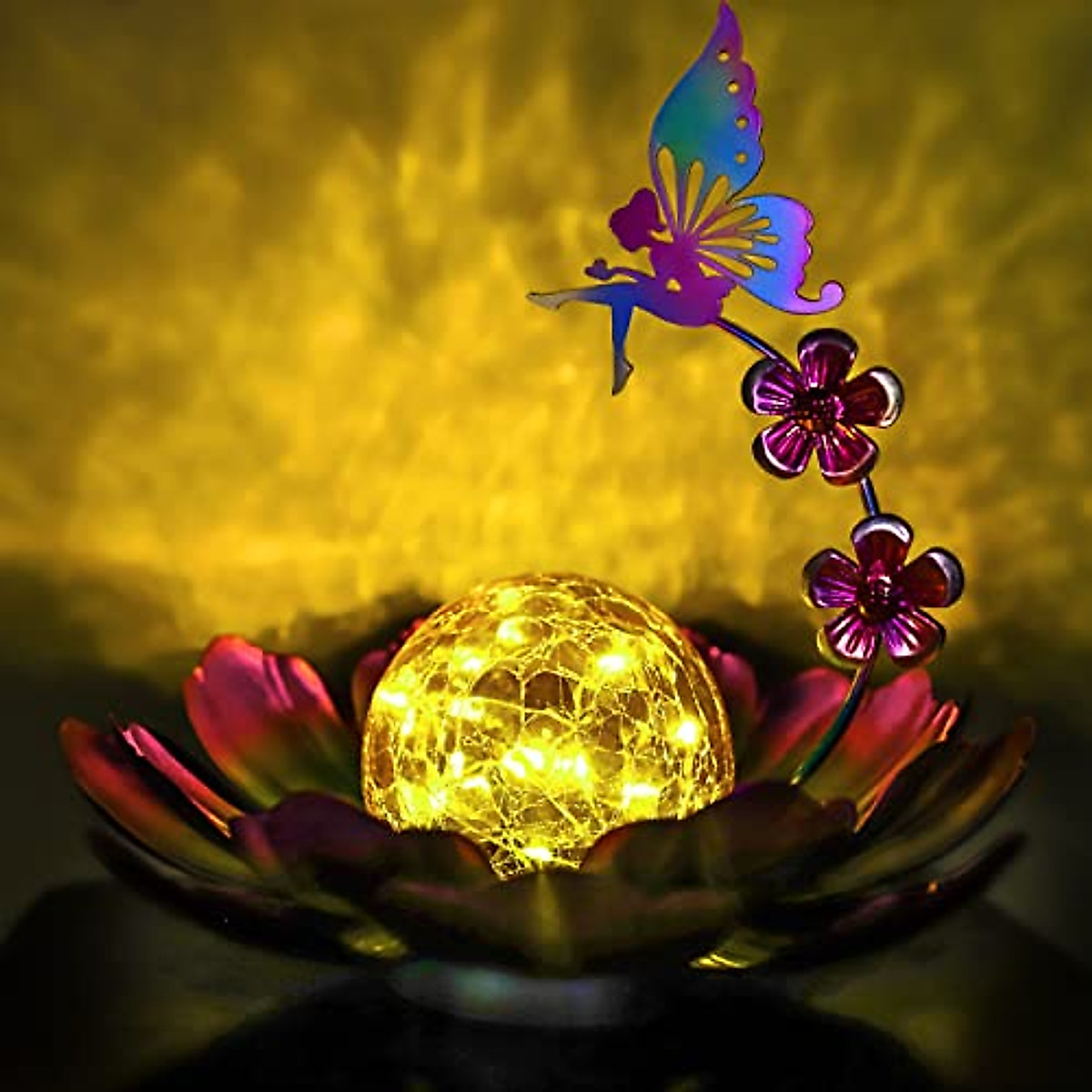 HEDAQI Solar Lotus Flower Fairy Light Outdoor Garden Decor with Crackle Globe Glass, Waterproof LED Metal Flower Light for Pathway, Patio, Yard, Walkway