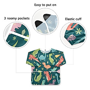 Nander Cute Dinosaur Kids Art Smocks,Waterproof Artist Painting Aprons for For Dining, Playing, Painting for Age 2-6Years