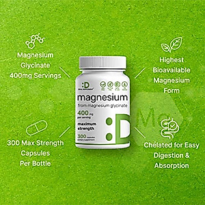 Magnesium Glycinate 400mg | Elemental Magnesium - 300 Capsules | Chelated for Easy Absorption | Highly Purified Essential Trace Mineral for Muscle, Joint, Heart, & Immune Support