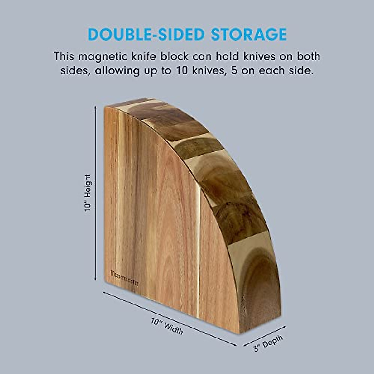 Messermeister Magnetic Knife Block, Acacia - Elegant, Durable & Secure - Holds 10 Knives or Steels & Scissors - 10"w x 10"h x 3"d