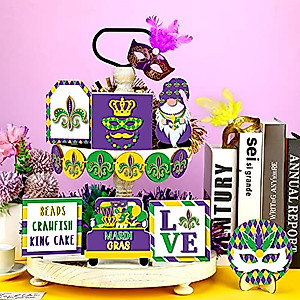 13 Pcs Mardi Gras Tiered Tray Decor Set Include Rustic Gnome Truck Mask Wood Sign Letter Sign Decoration Mardi Gras Table Decor for Xmas Decoration Home Kitchen Table Shelf Decorations