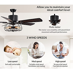 NOXARTE 52 inch Farmhouse Industrial Ceiling Fan with Light and Remote, Vintage Black Cage Fandelier, 5 Reversible Blades Chandelier Fans Light Kit for Bedroom Living Room, Quiet Motor